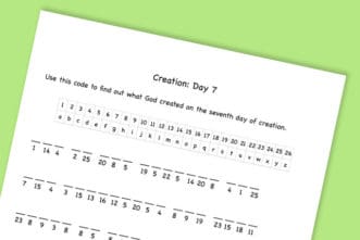 Free Printable: “Creation Day 7 Bible Verse Decoding Sheet”